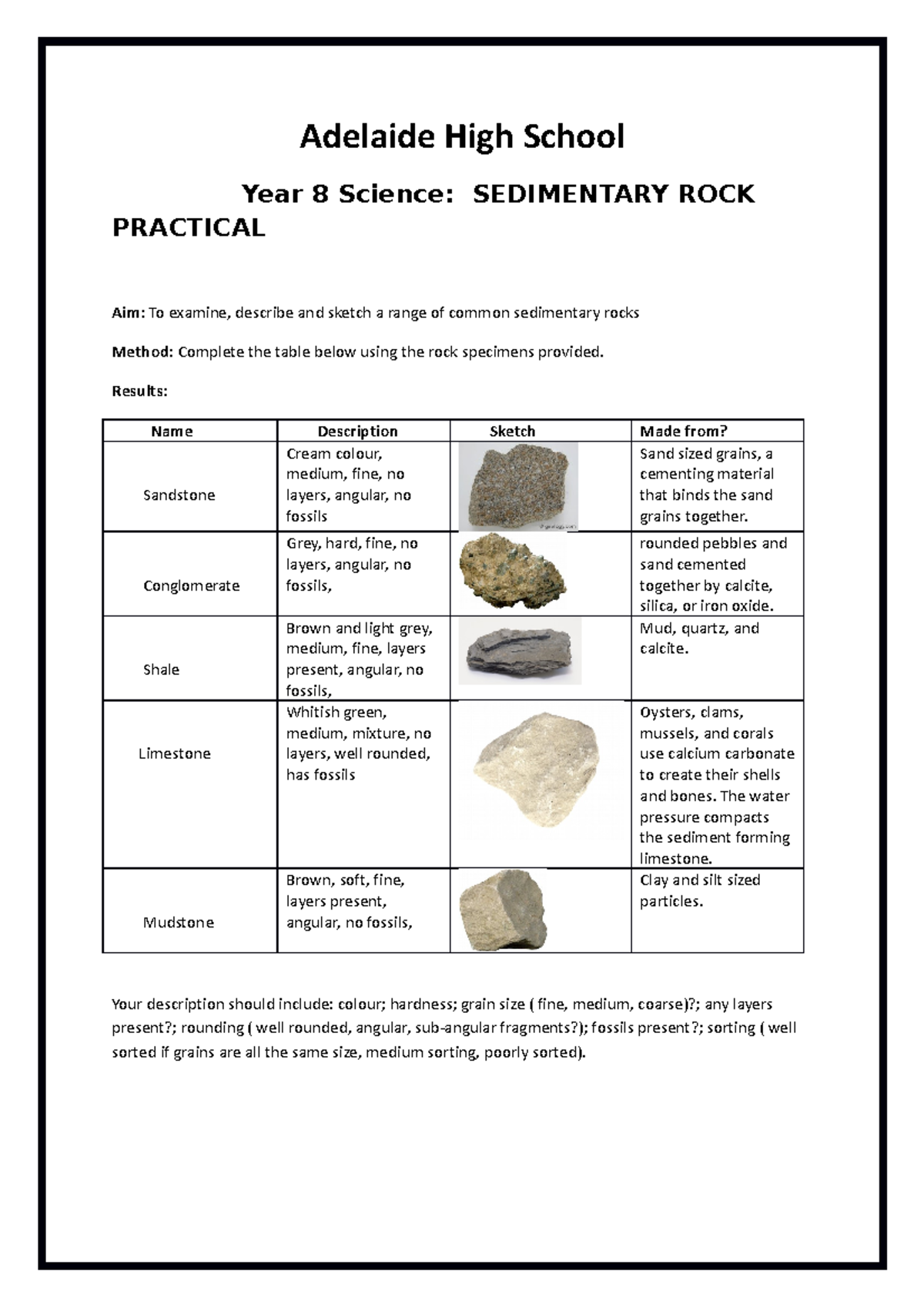 Year 8 Sedimentary Rocks Practical - Adelaide High School Year 8 ...