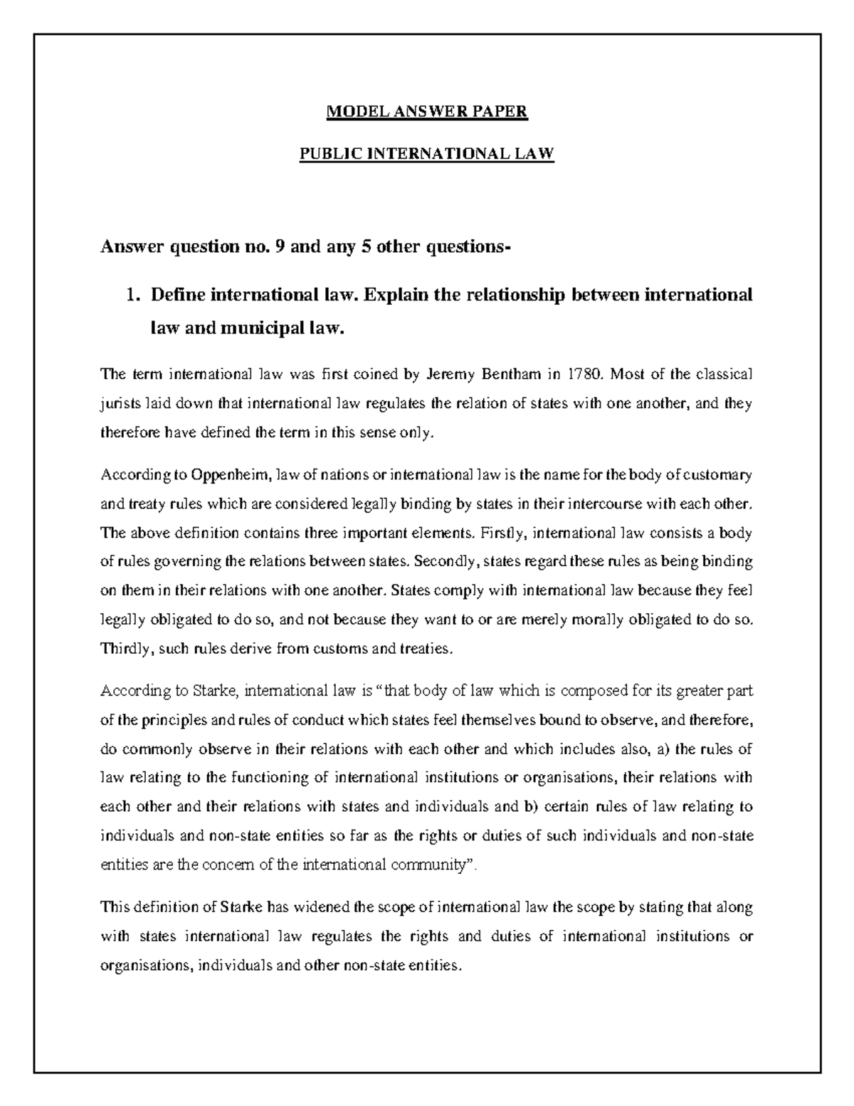 PIL - [PIL) - MODEL ANSWER PAPER PUBLIC INTERNATIONAL LAW Answer ...