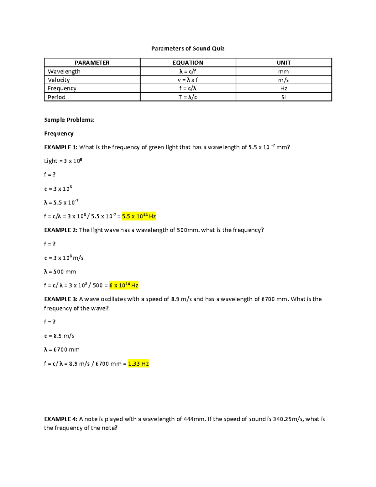 Parameters of Sound Quiz - Parameters of Sound Quiz PARAMETER EQUATION ...