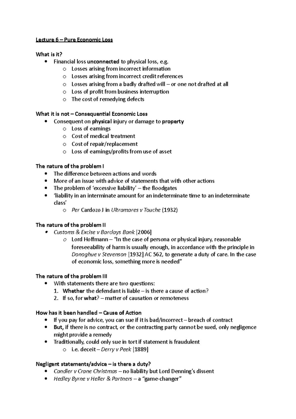 Lecture 6 - Lecture 6 – Pure Economic Loss What is it? Financial loss ...