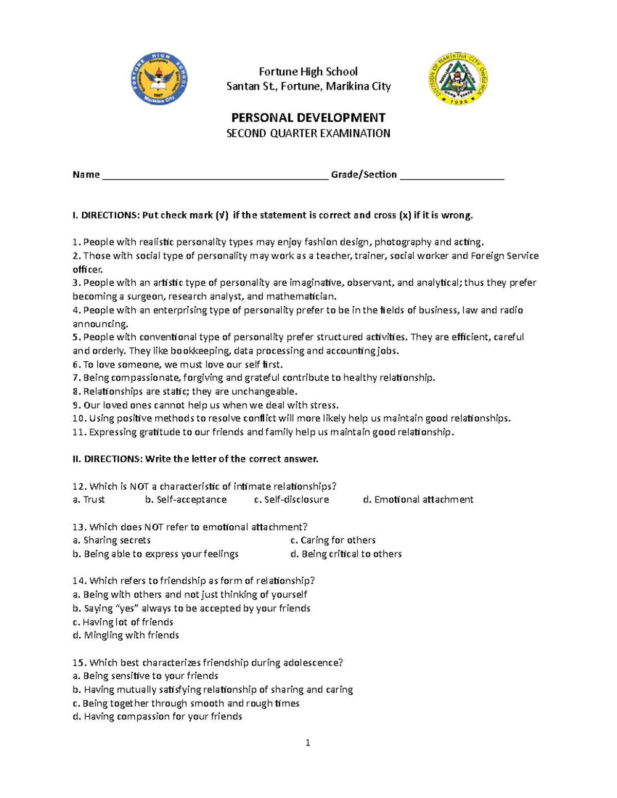 2nd-QTR-Per Dev - Test for Personal Development - Fortune High School ...