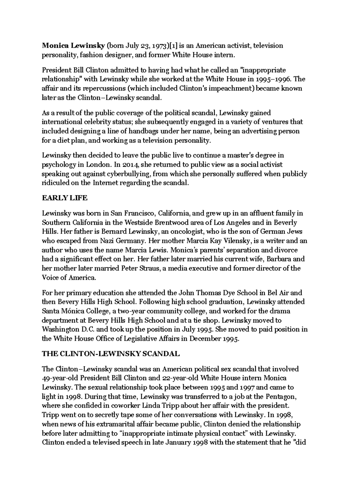 Prezentacja angielski - Monica Lewinsky (born July 23, 1973)[1] is an ...