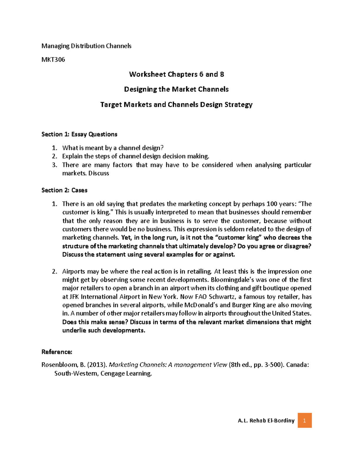 Worksheet Chapters 6 and 8 - A. Rehab El-Bordiny 1 Managing ...