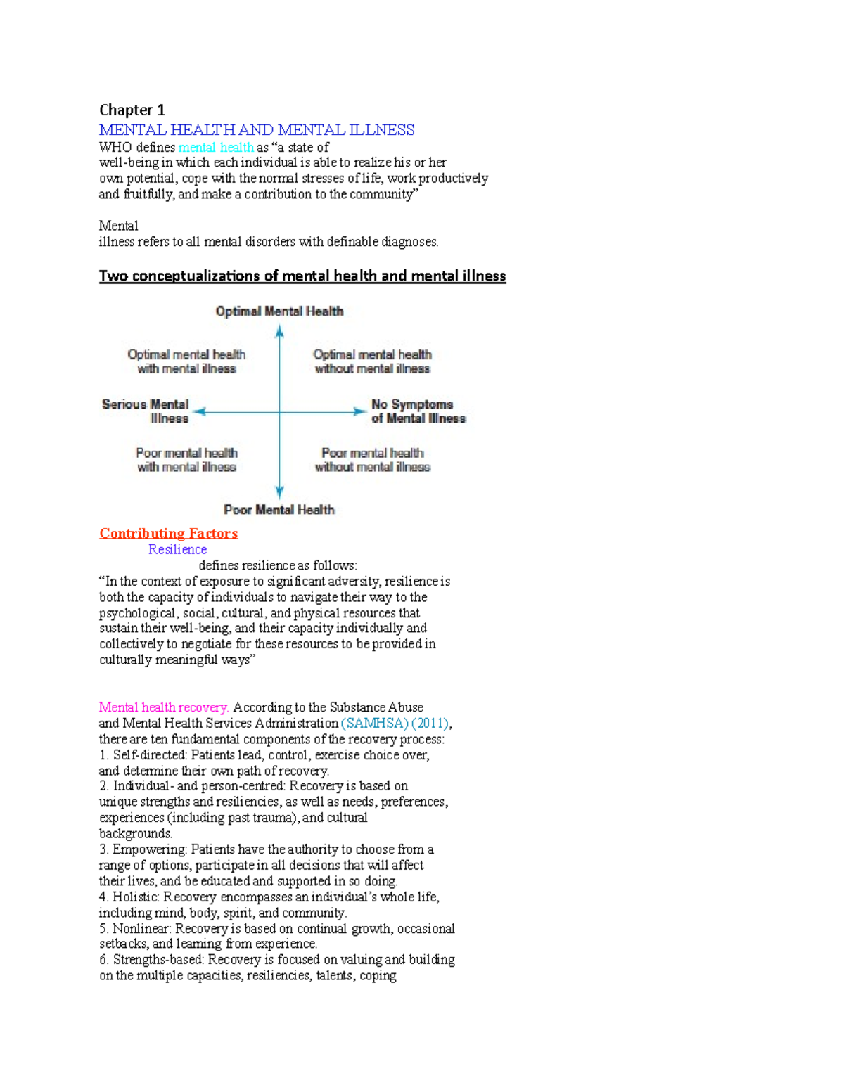 Chapters Note - Lecture notes 1 - Chapter 1 MENTAL HEALTH AND MENTAL ...