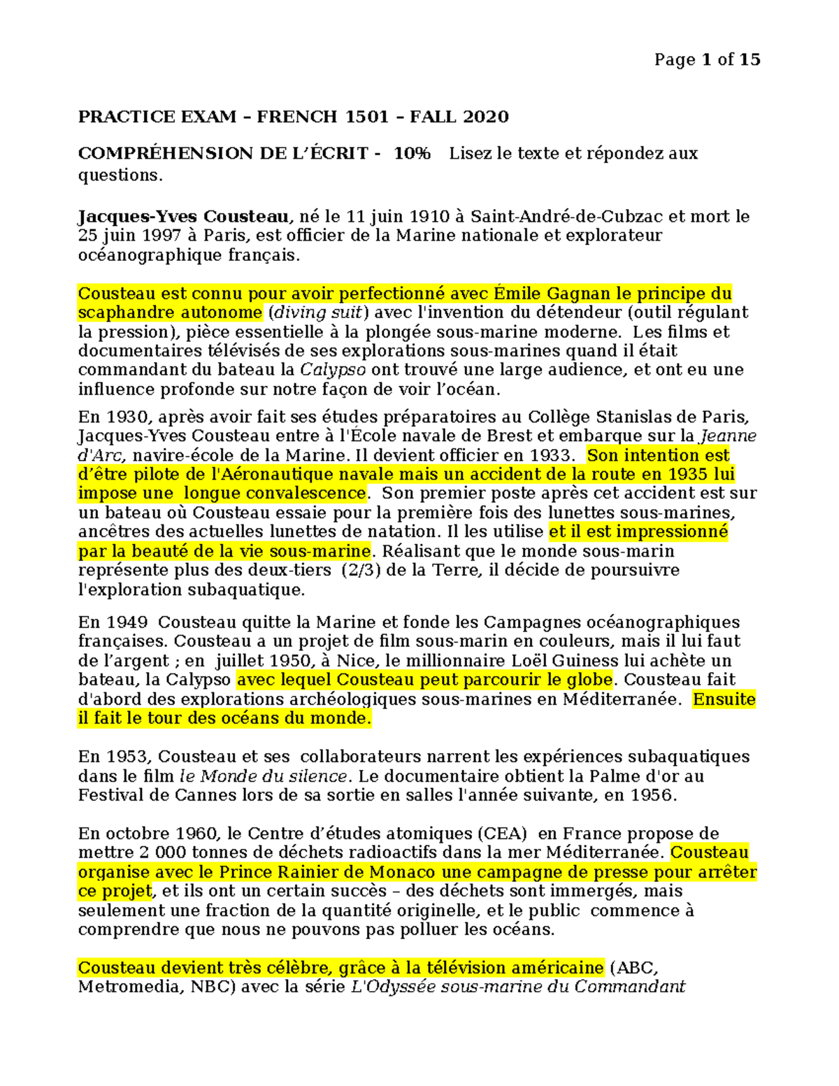 FINAL Practice Exam - ANSWER KEY - PRACTICE EXAM – FRENCH 1501 – FALL ...