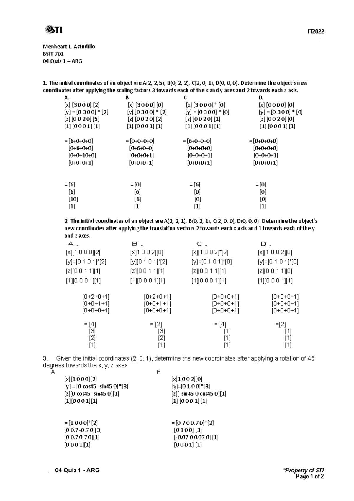 04 Quiz 1 ARG - Quiz for computer graphics design - IT Menheart L ...