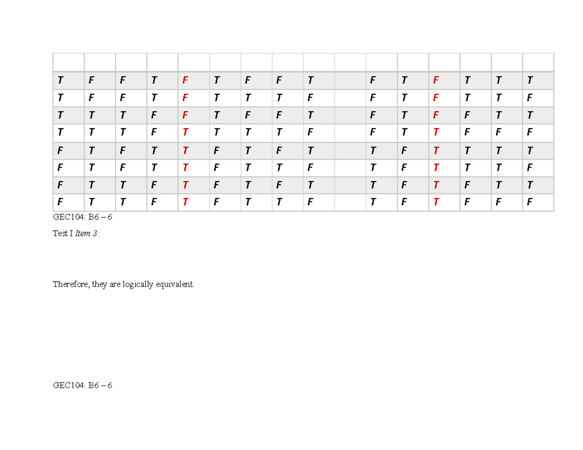 GEC 104 (exam) - exam - T F F T F T F F T F T F T T T T F F T F T T T F ...