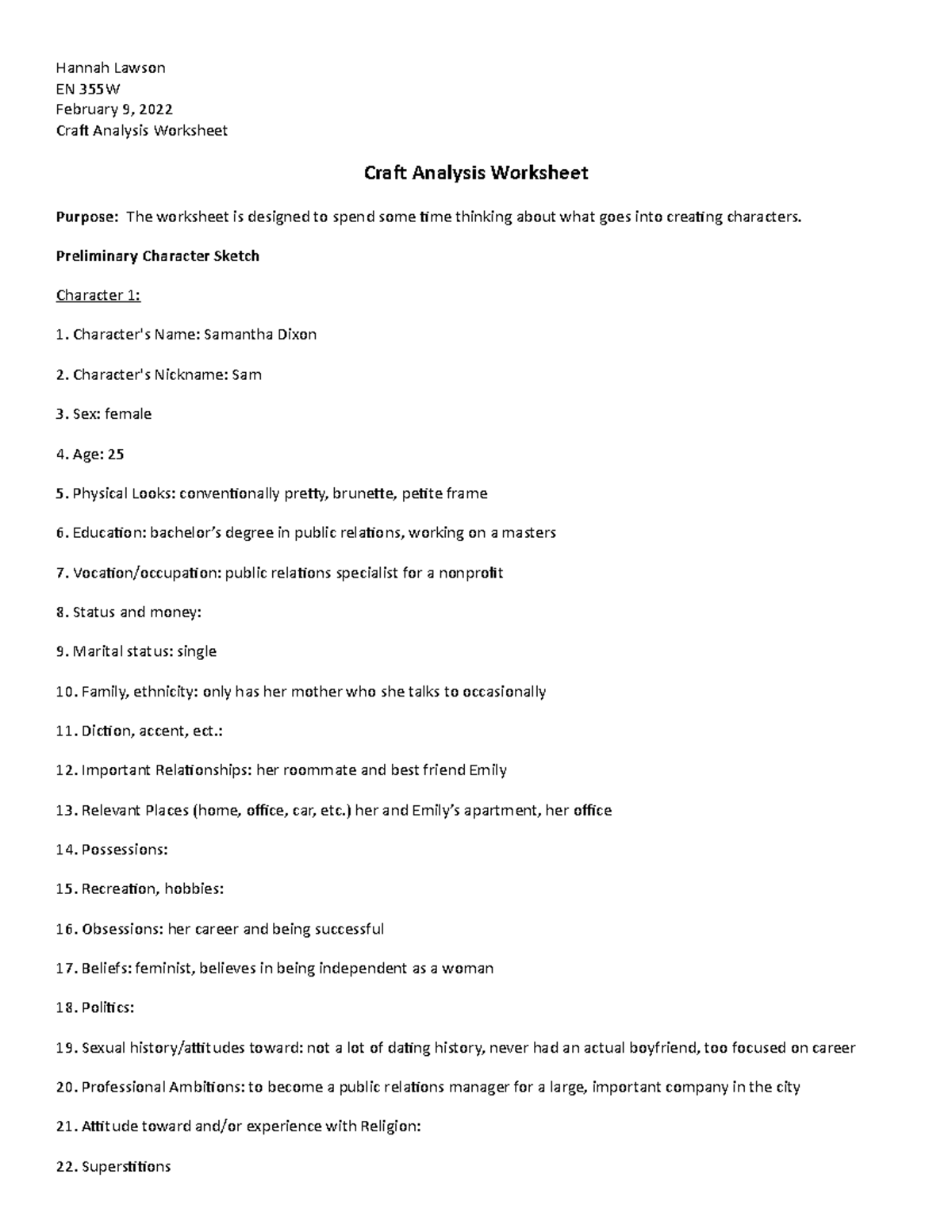 Craft Analysis Worksheet - 2 - Hannah Lawson EN 355W February 9, 2022 ...