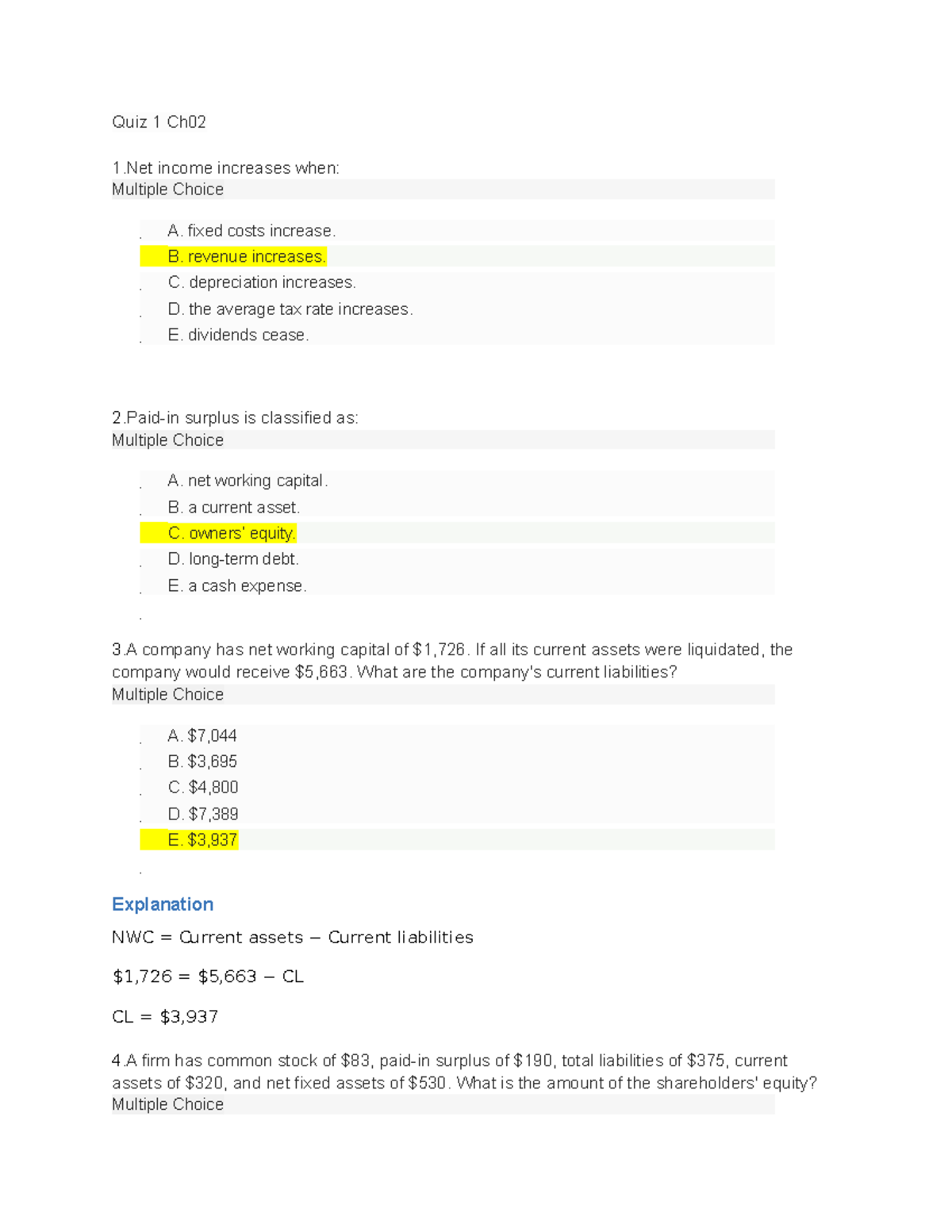 Quiz 1 Chapt 2 Part 1 - Quiz 1 Ch 1 income increases when: Multiple Choice A. fixed costs - Studocu