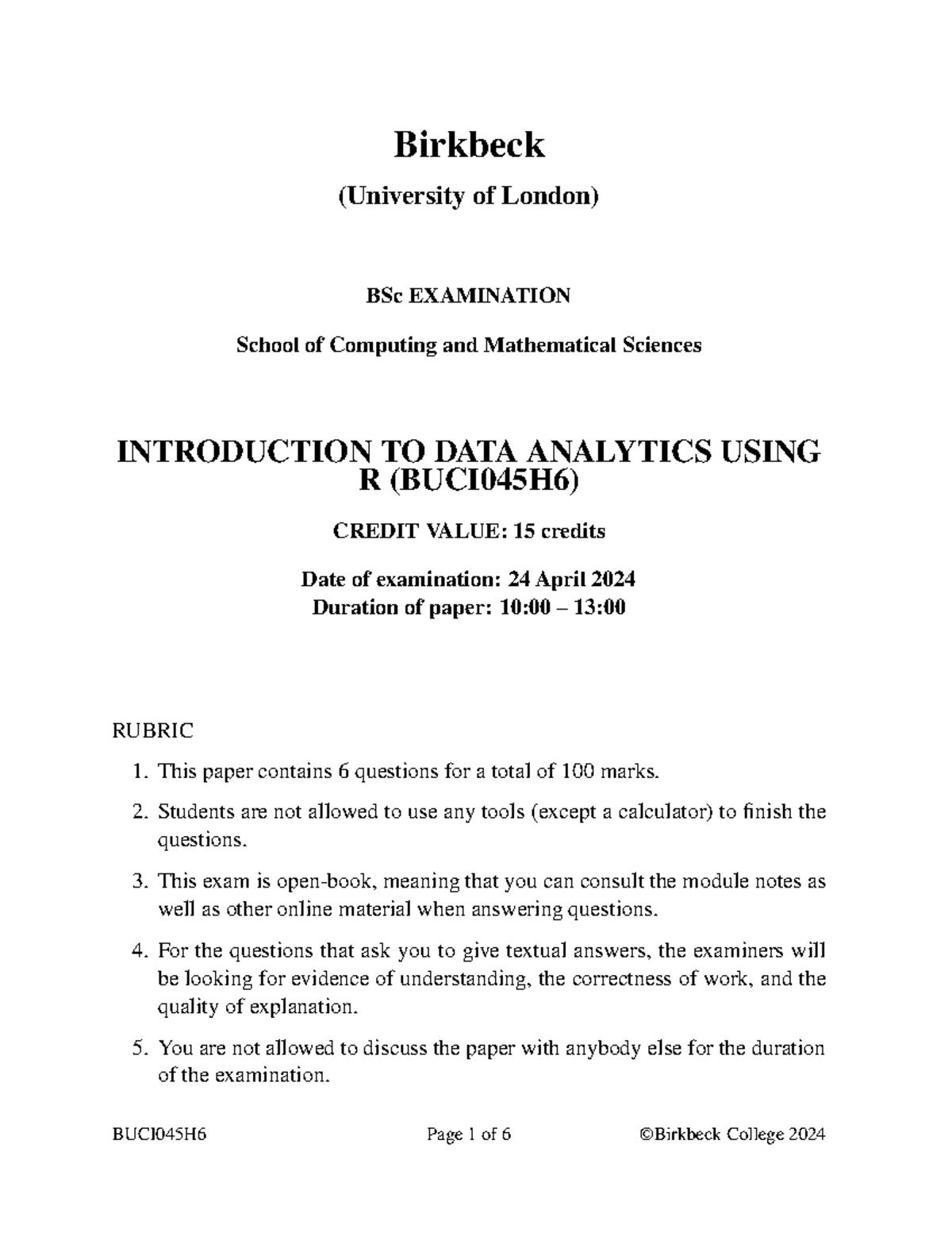 IDAR BSc Exam 2024 - Birkbeck (University of London) BSc EXAMINATION ...