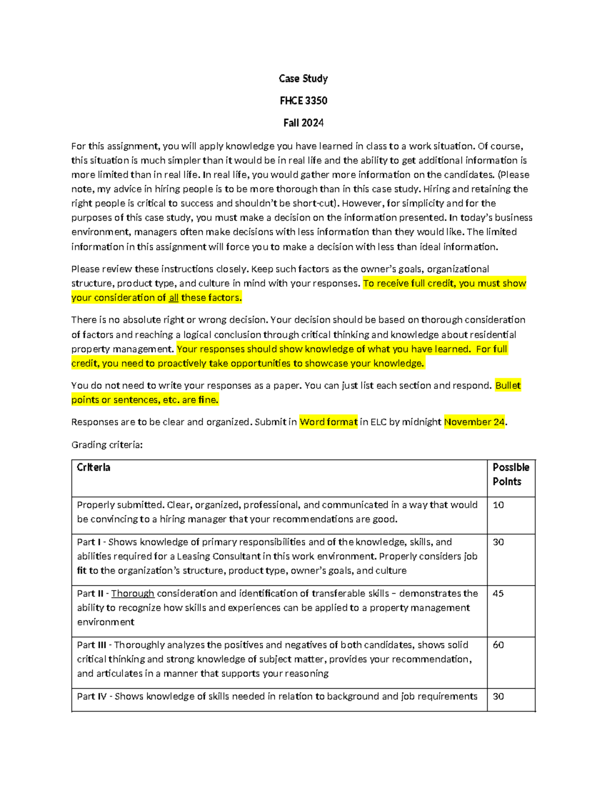 Case Study Fall 2024 - none - Case Study FHCE 3350 Fall 2024 For this ...