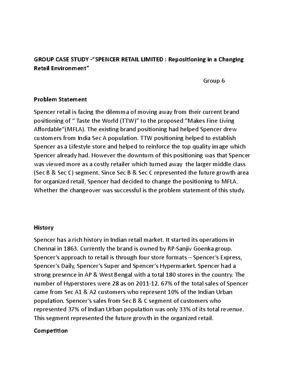 New Group 6 Case Study Spencer Retail - GROUP CASE STUDY RETAIL LIMITED ...