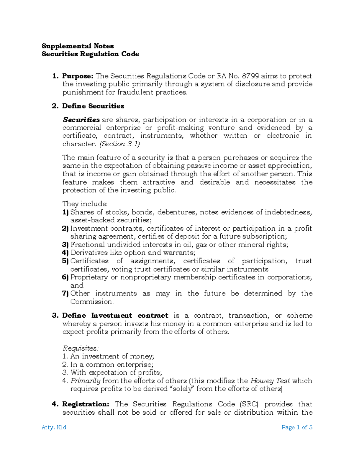 Notes IN SRC Merged - Supplemental Notes Securities Regulation Code 1 ...