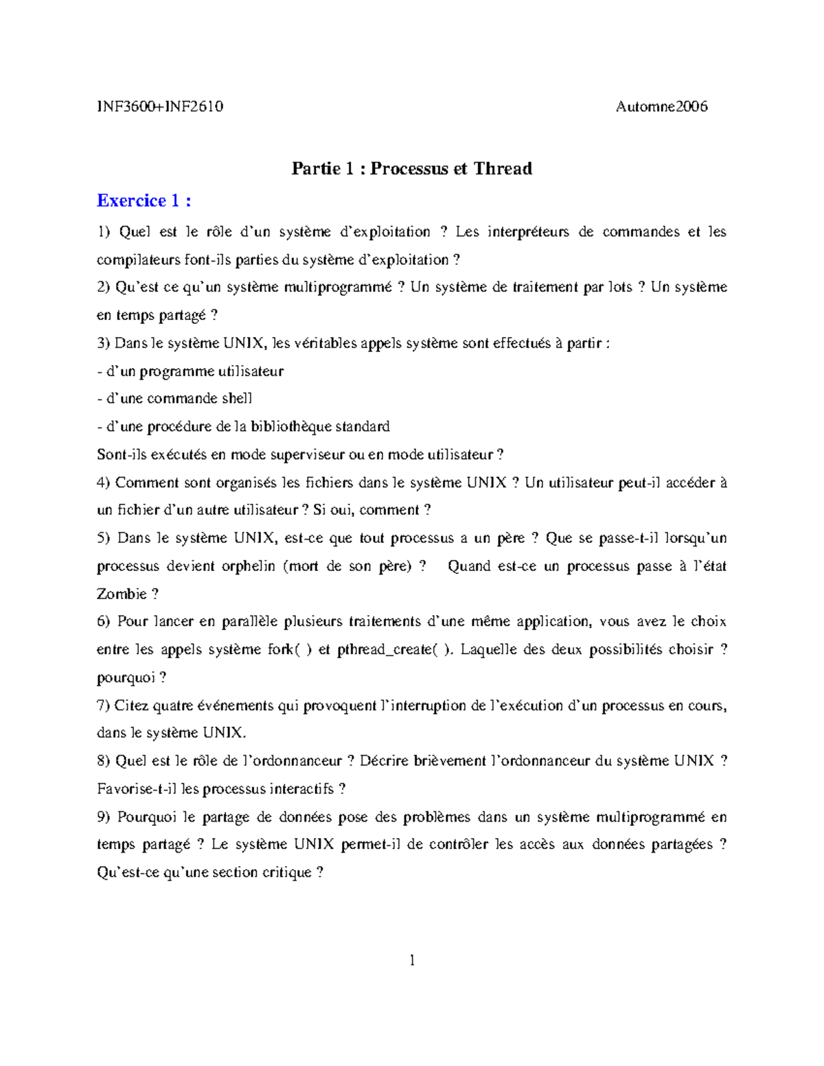 Processus Threads s - INF3600+INF2610 Automne Partie 1 : Processus et ...