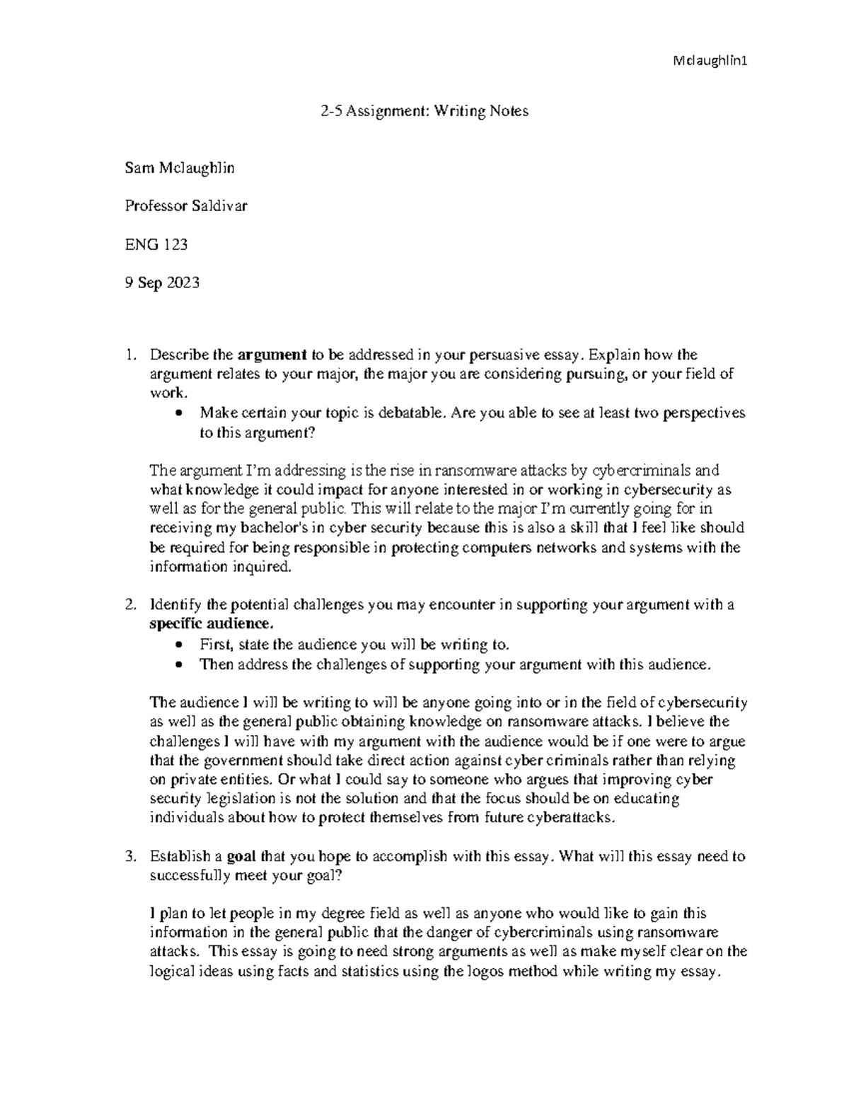 Sam Mclaughlin 2-5 Writing Notes Assigment - Mclaughlin 1 2 - 5 ...