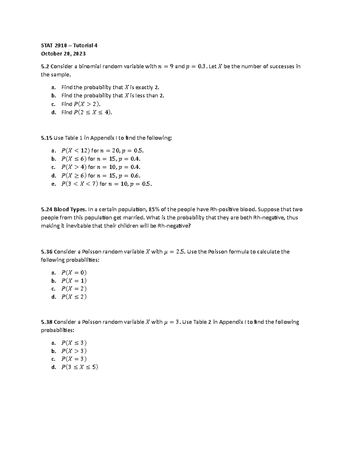 STAT 2910 - Tutorial 4 - tut - STAT 2910 – Tutorial 4 October 20, 2023 5 Consider a binomial ...