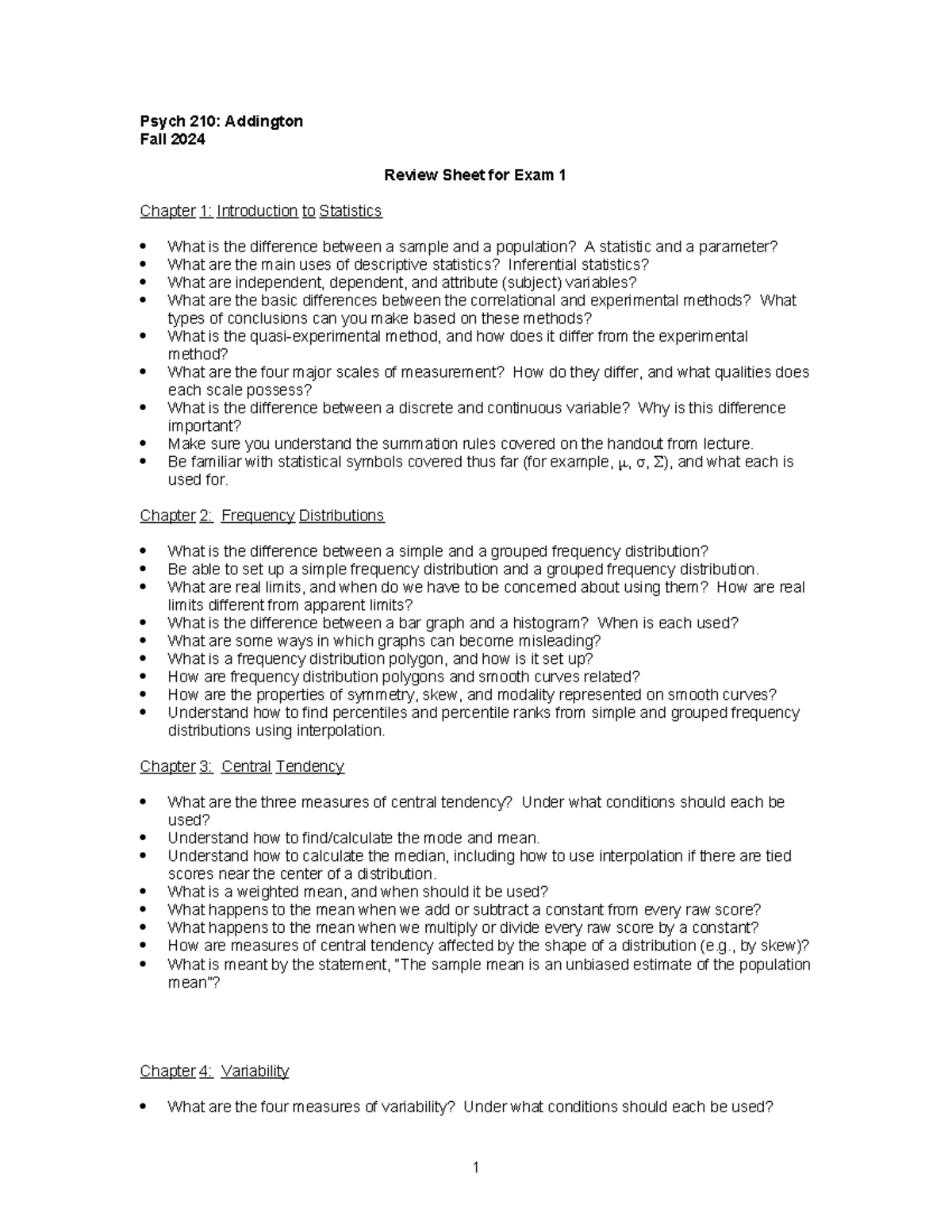 210 F24 Exam1 Review - study guide exam 1 - Psych 210: Addington Fall ...