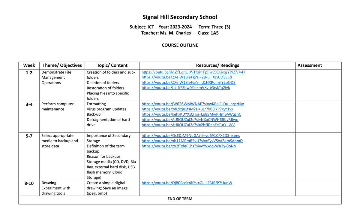 Course Outline ICT T3 23-24 -2 - Signal Hill Secondary School Subject ...