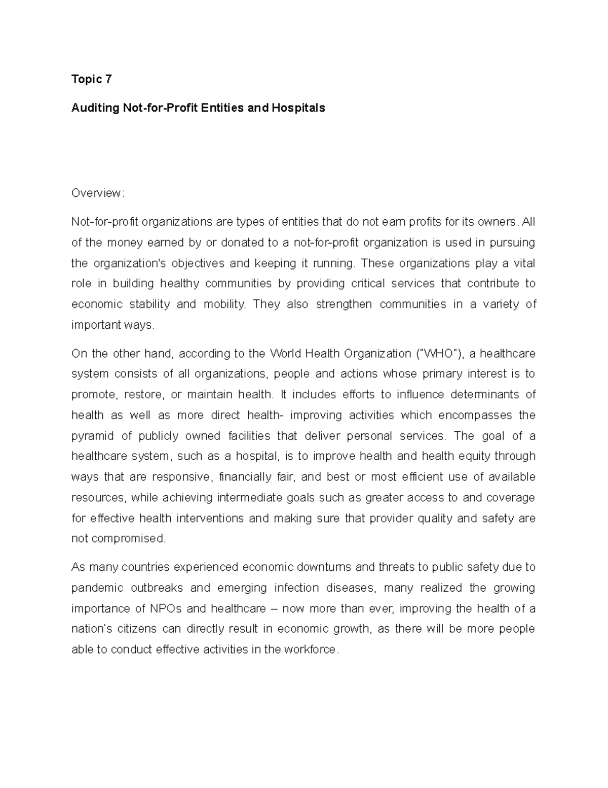 Topic 7 Auditing Not-for-Profit Entities and Hospitals - Topic 7 ...