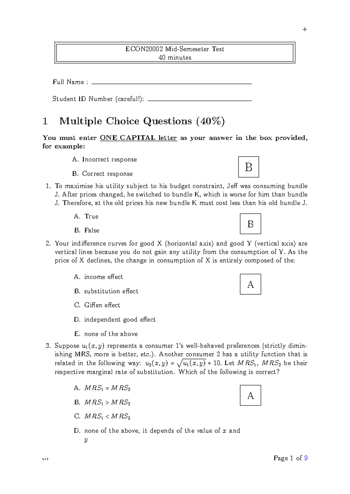 MST Econ2000 2 2024 Tues V 1 sol - ECON20002 Mid-Semeseter Test 40 ...