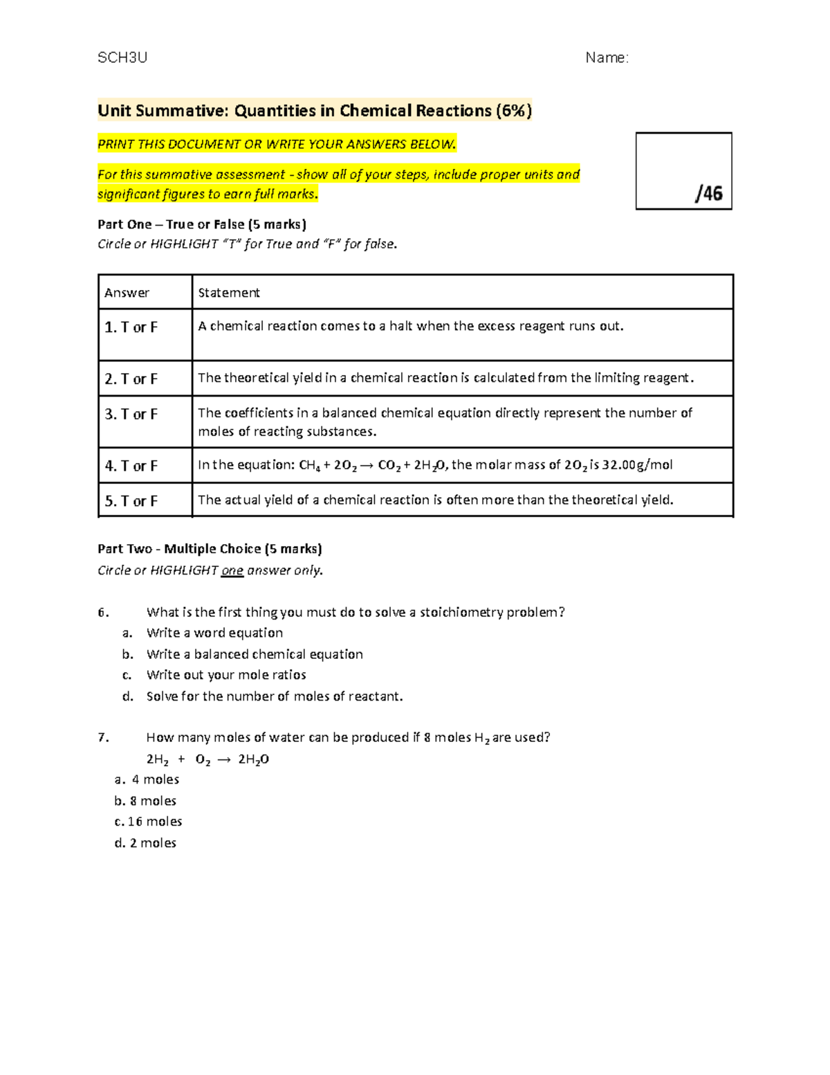 Copy of Unit 3 Summative (6%) - Unit Summative: Quantities in Chemical Reactions (6%) PRINT THIS ...
