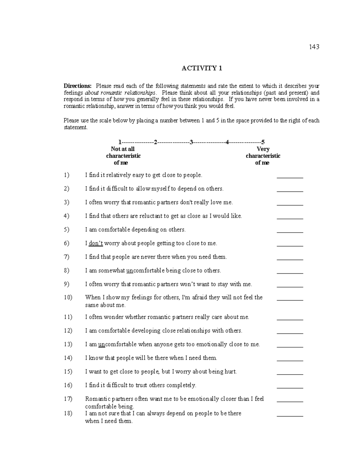 Revised Adult Attachment Scale (AAS) - 143 ACTIVITY 1 Directions ...