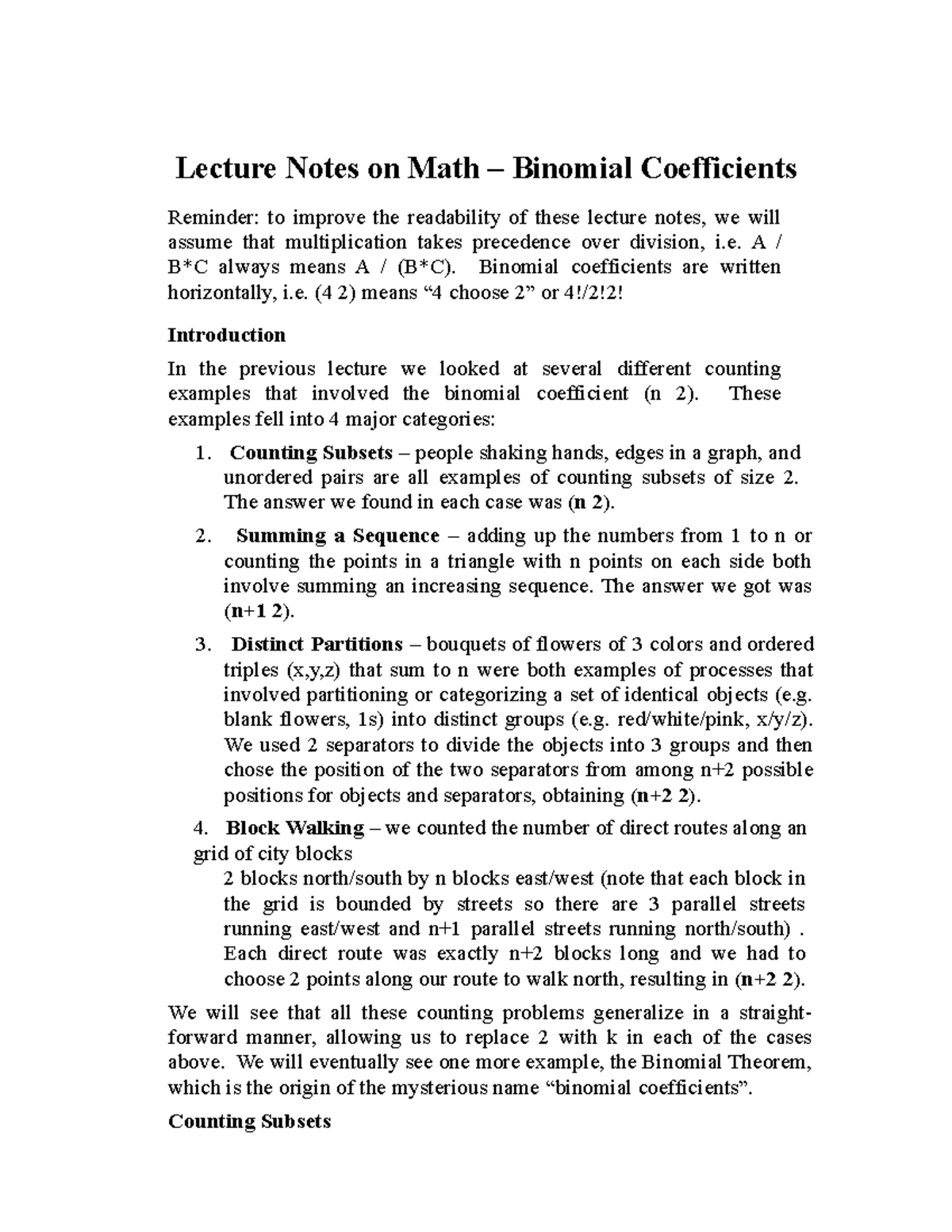 Lecture Notes on Binomial Coefficients - Lecture Notes on Math ...
