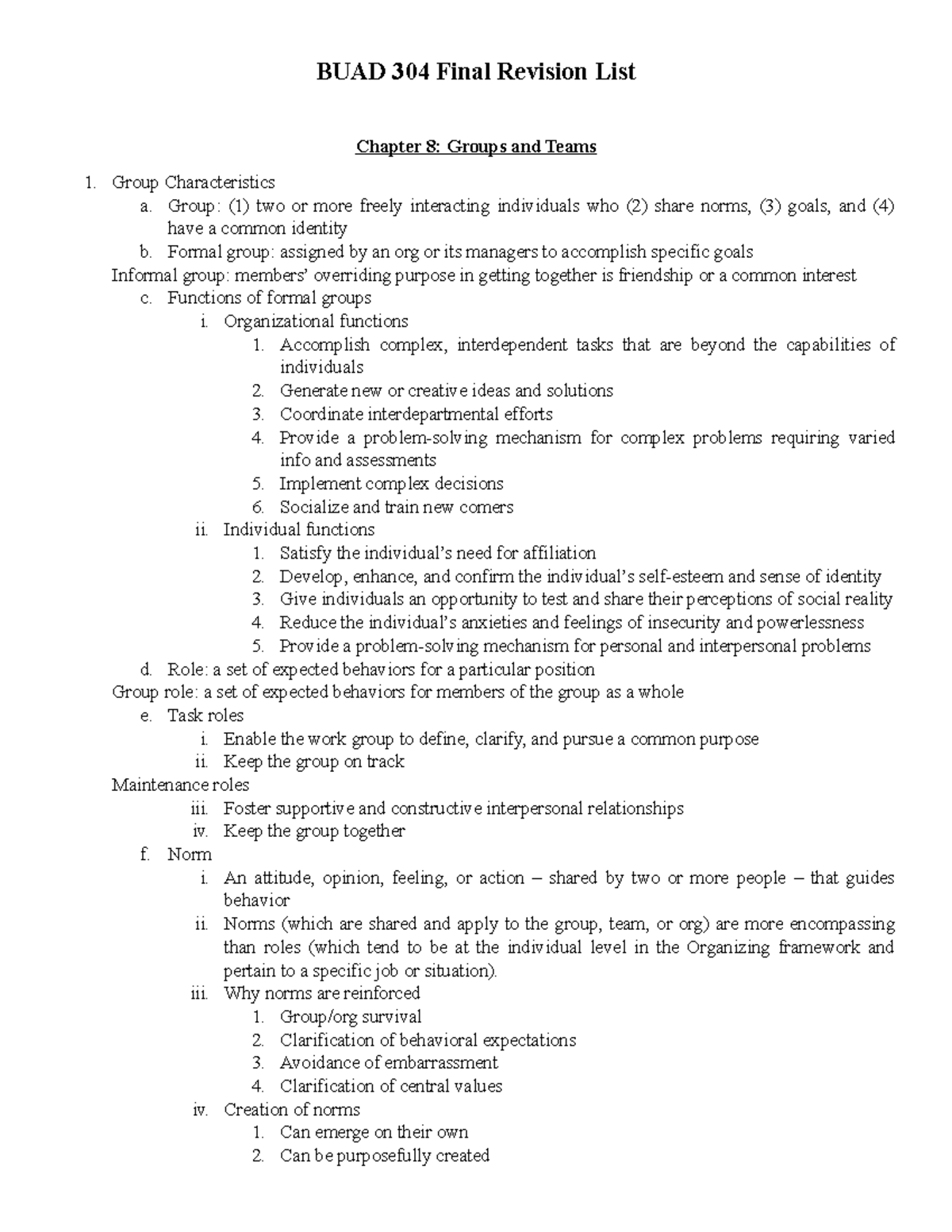 304 Final Study Guide - BUAD 304 Final Revision List Chapter 8: Groups and Teams Group - Studocu