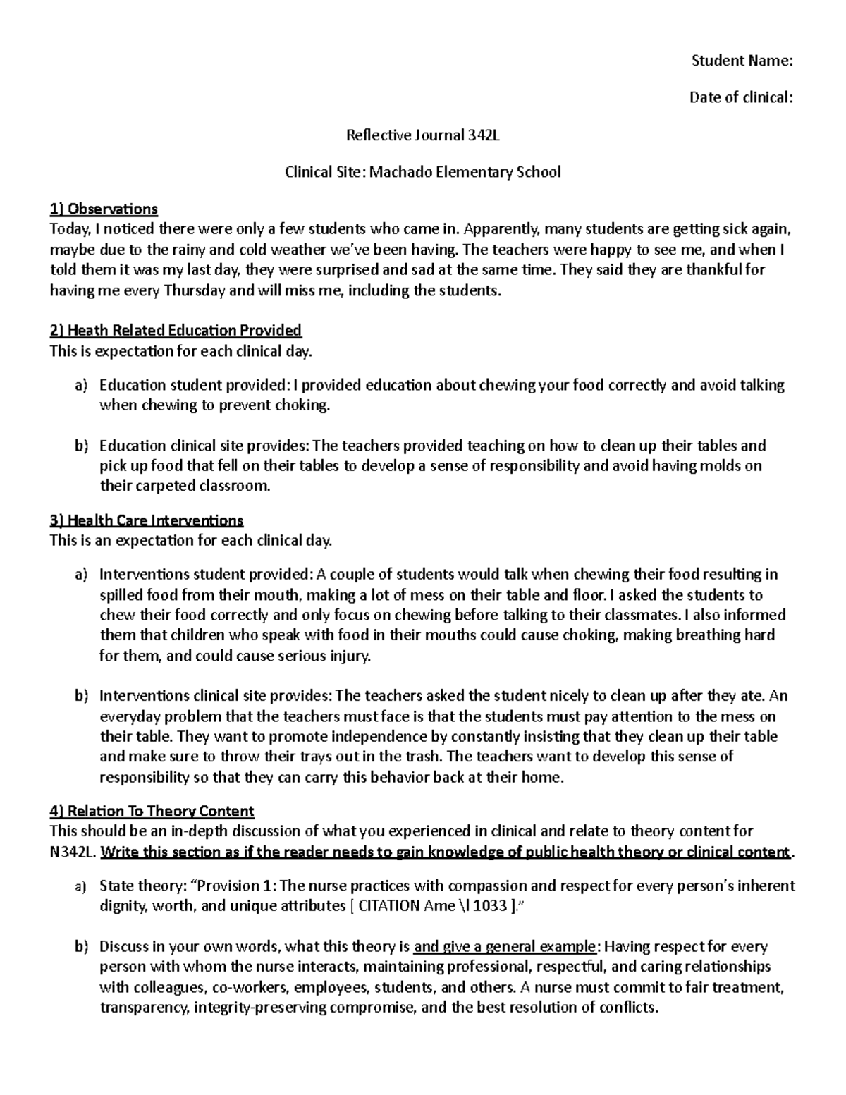 Reflection Journal 9 - Student Name: Date of clinical: Reflective ...