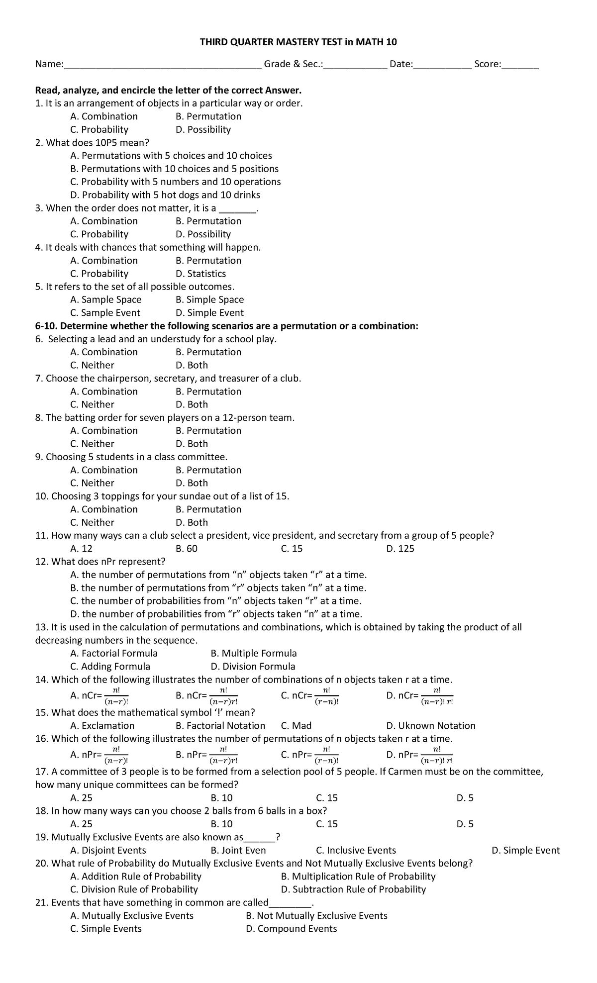 3rd Q Mastery Test Multiple Choice Test Grade 10 - THIRD QUARTER ...