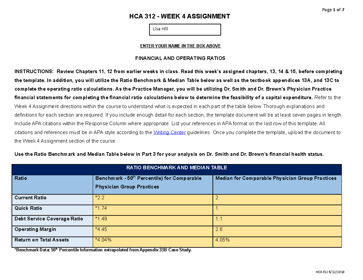 HCA312 Week 4 Financial and Operating Ratios Template 10-2021 - HCA 312 ...