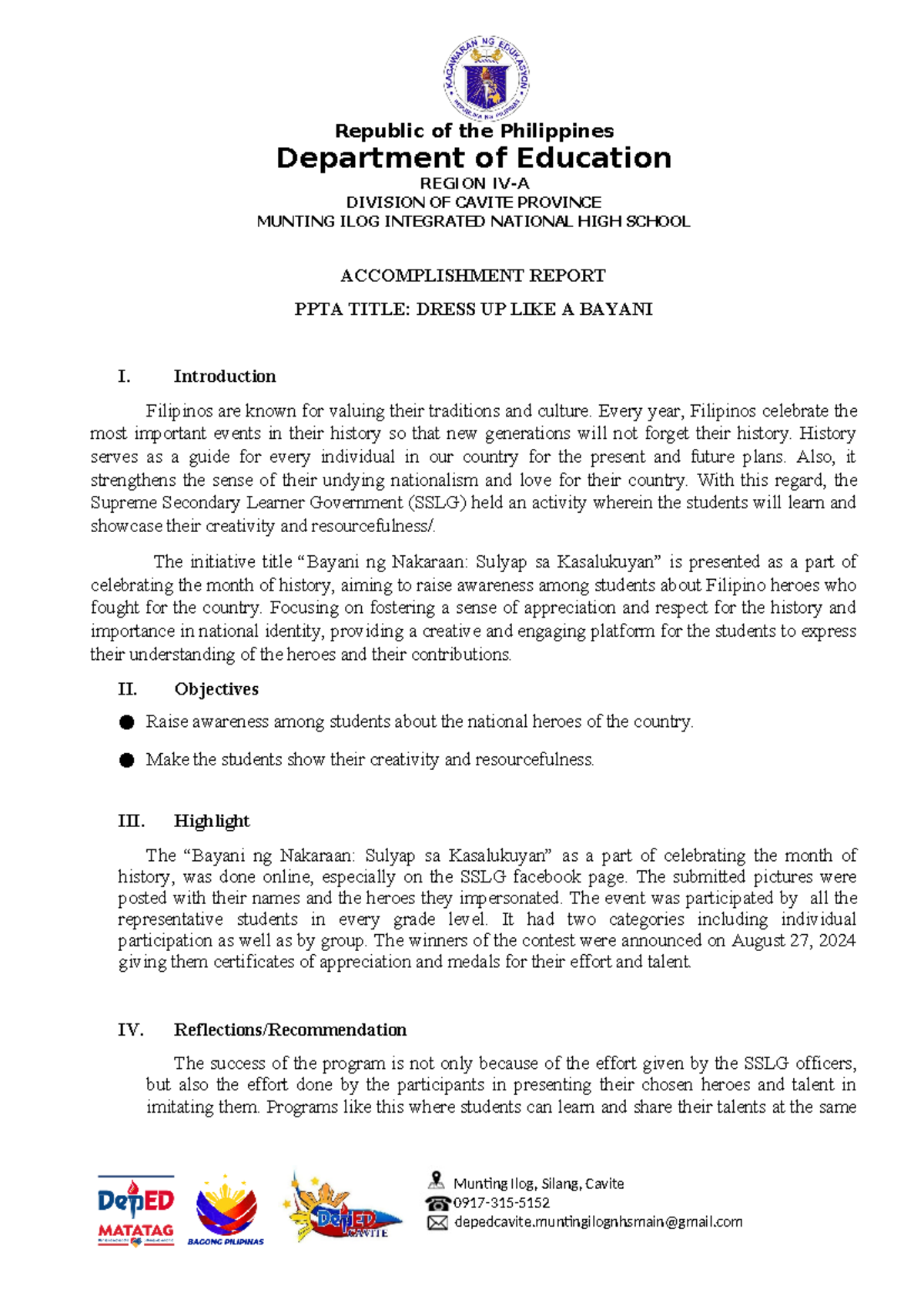 Accomplishment Report Dress Up Like A Bayani 2024 - Department of ...