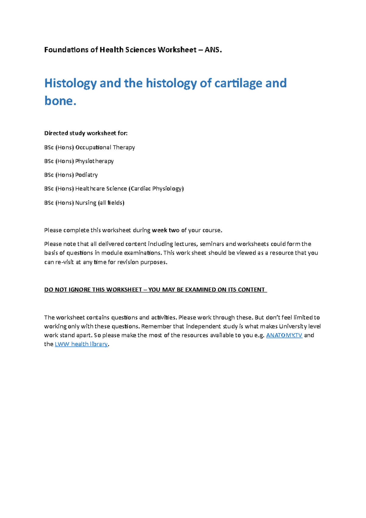 Skeletal System Week2 - worksheet - Foundations of Health Sciences ...