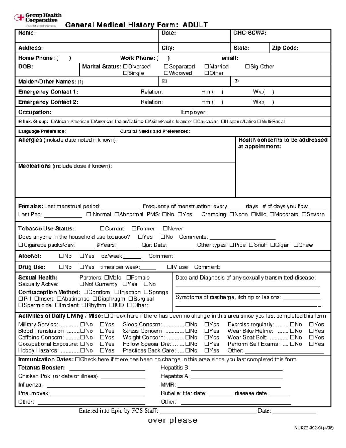 Adult medical history form - General Medical History Form: ADULT Name ...