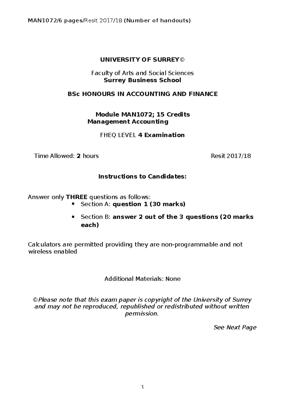 Exam resit 2018 - UNIVERSITY OF SURREY© Faculty of Arts and Social ...