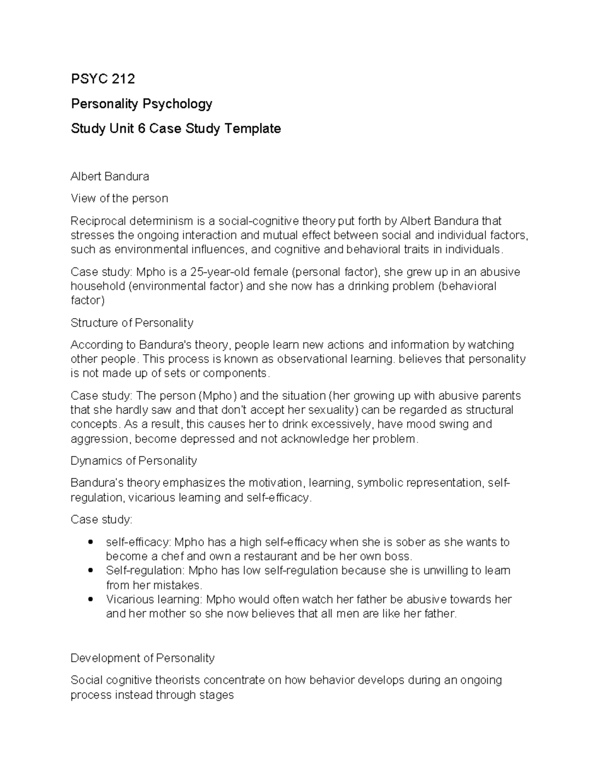 SU 6 template - Study unit 6 weekly summary - PSYC 212 Personality Psychology Study Unit 6 Case ...