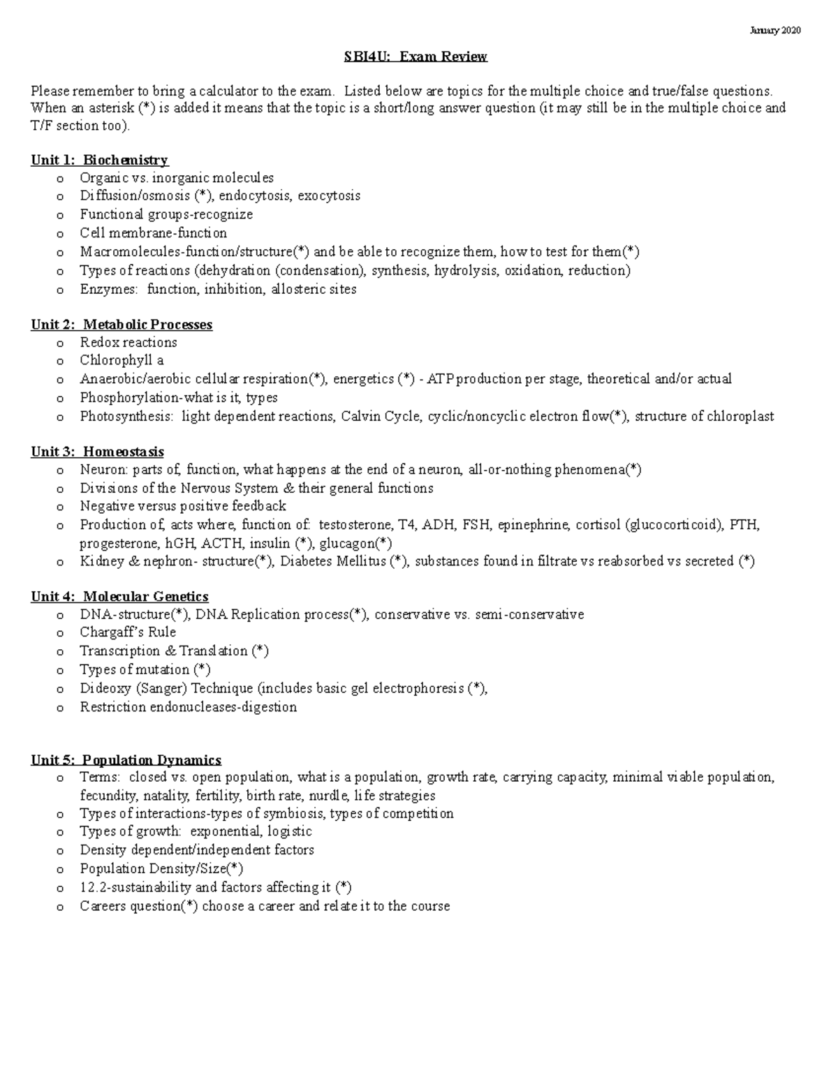 Final exam review Jan 2020 - January 2020 SBI4U: Exam Review Please ...