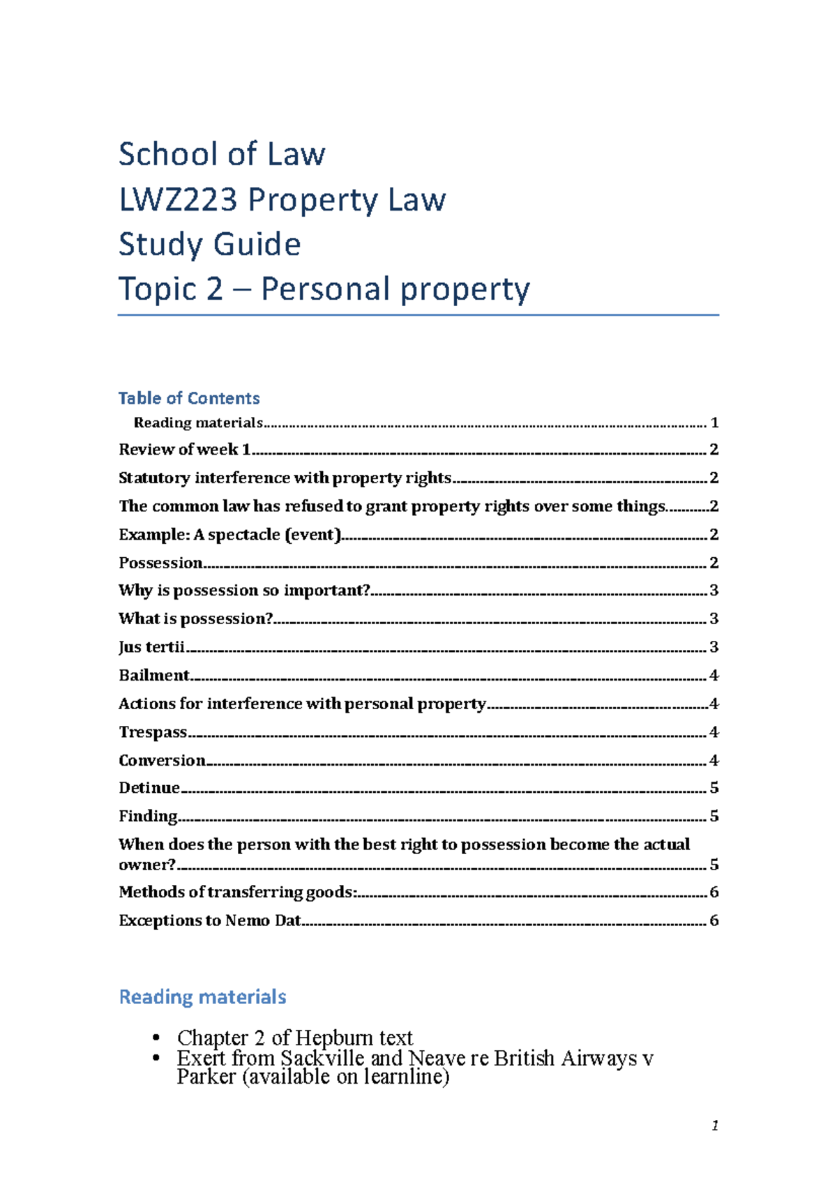 Study guide week 2 - Lecture note 2 - School of Law LWZ223 Property Law ...