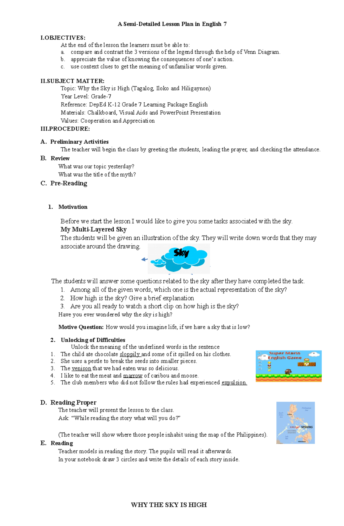 DLP English 7 why the sky is high - A Semi-Detailed Lesson Plan in ...