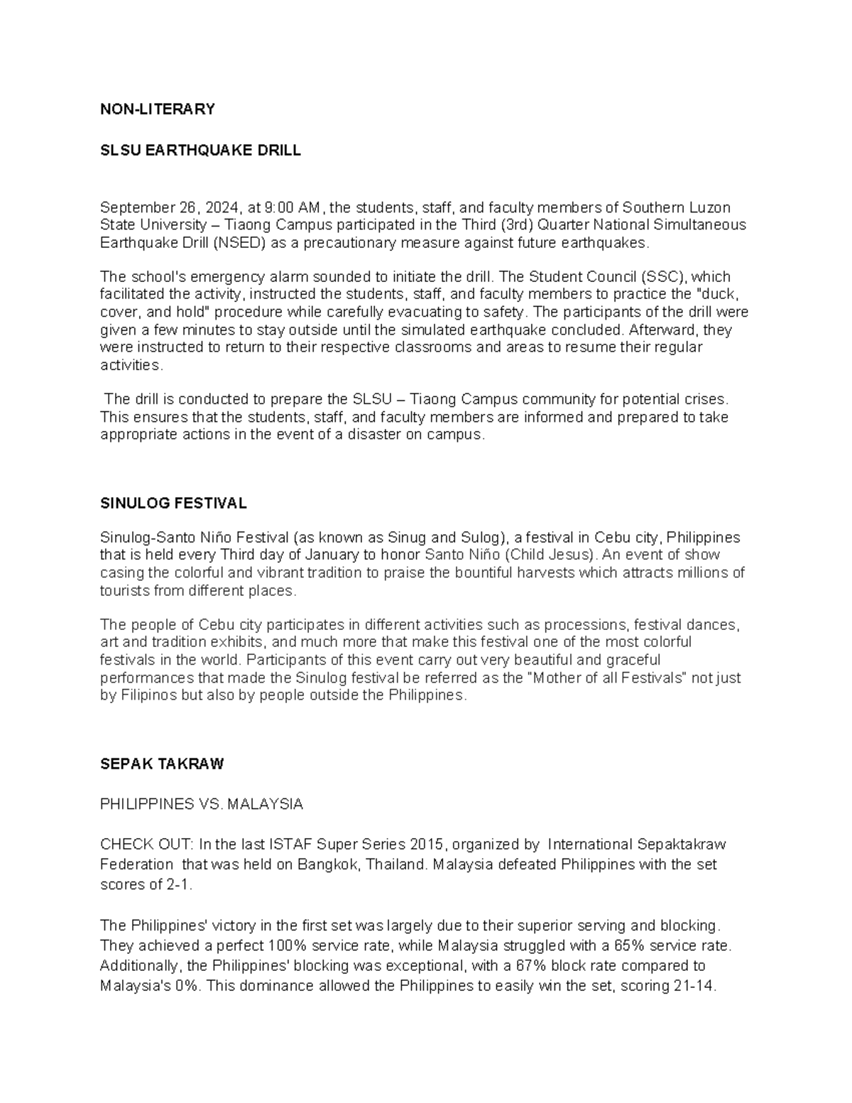 Macalanda Writer Tasks - NON-LITERARY SLSU EARTHQUAKE DRILL September ...