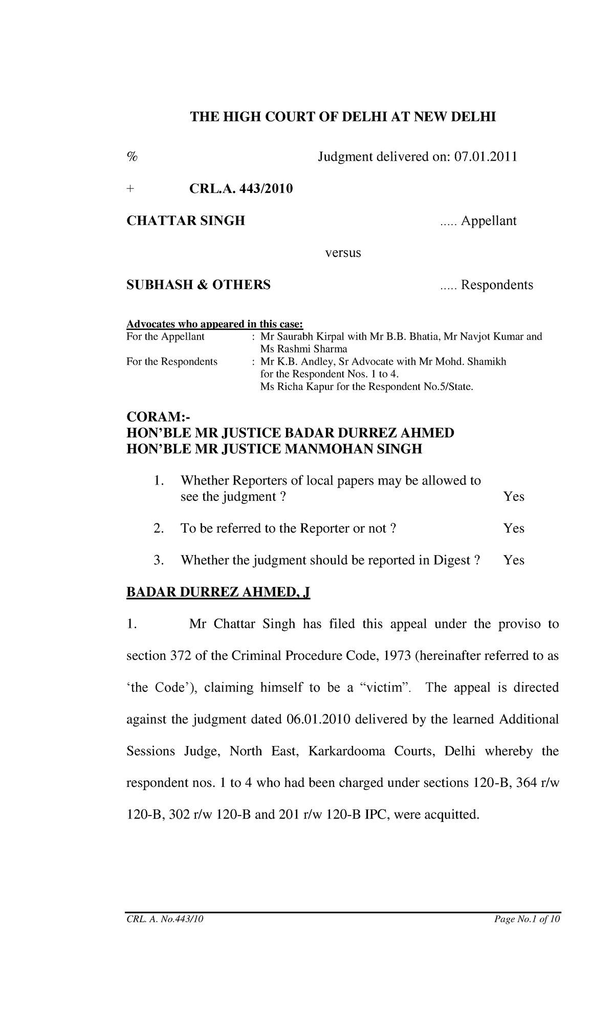 Chattar Singh Vs. Subhash - THE HIGH COURT OF DELHI AT NEW DELHI ...