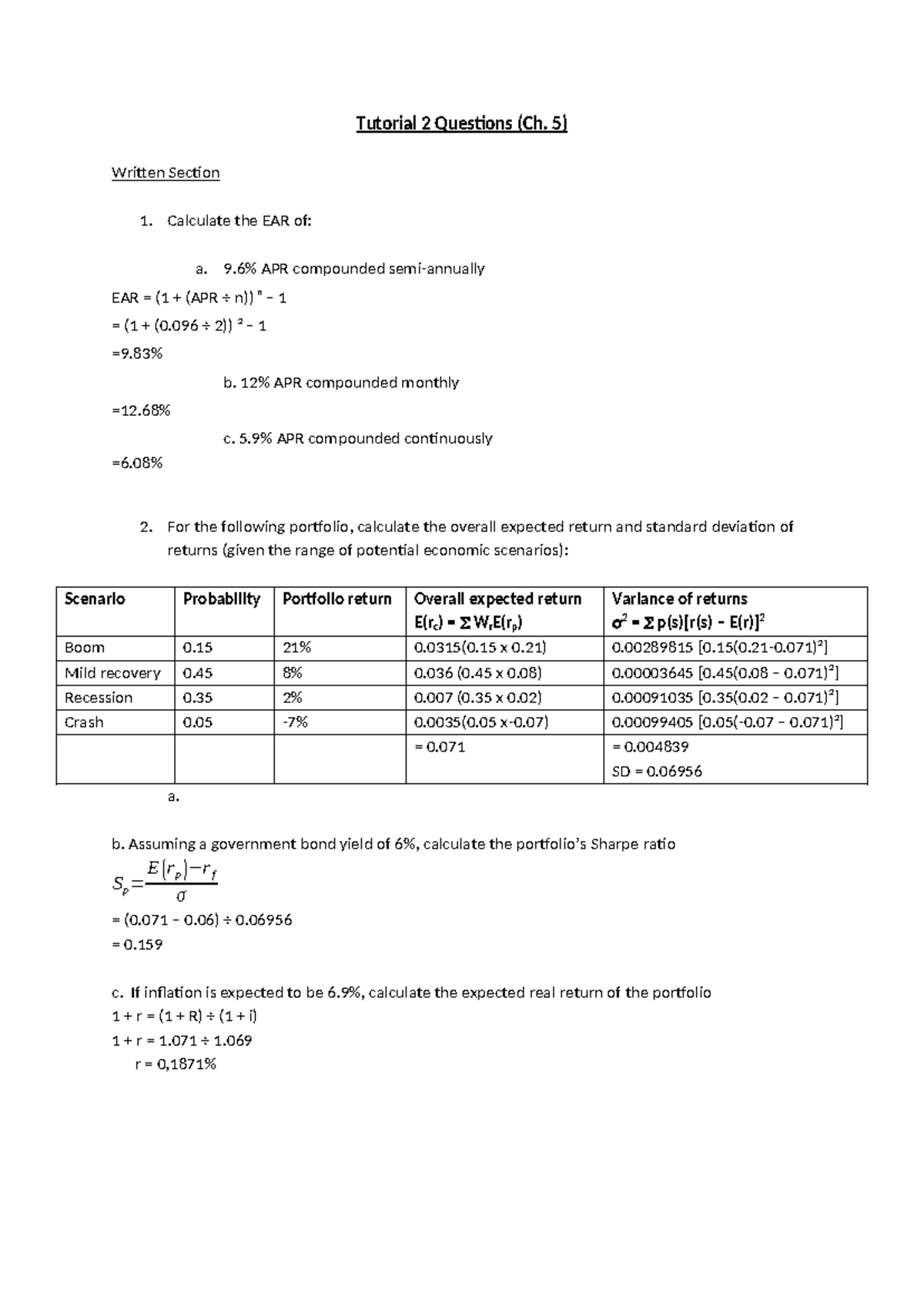 2. Tutorial 2 Questions 2024 (Ch 5) - Tutorial 2 Questions (Ch. 5) Written Section 1. Calculate ...