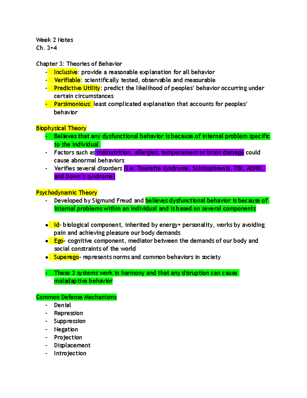 M.S. Week 2 Notes - Week 2 Notes Ch. 3+ Chapter 3: Theories of Behavior ...