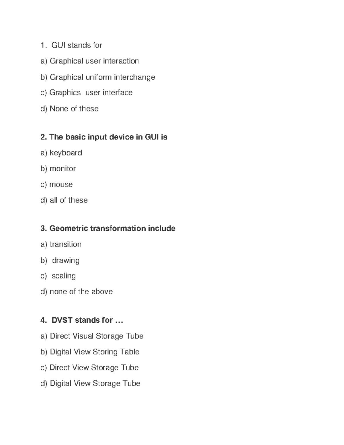 Computer graphics pa 1 - GUI stands for a) Graphical user interaction b ...