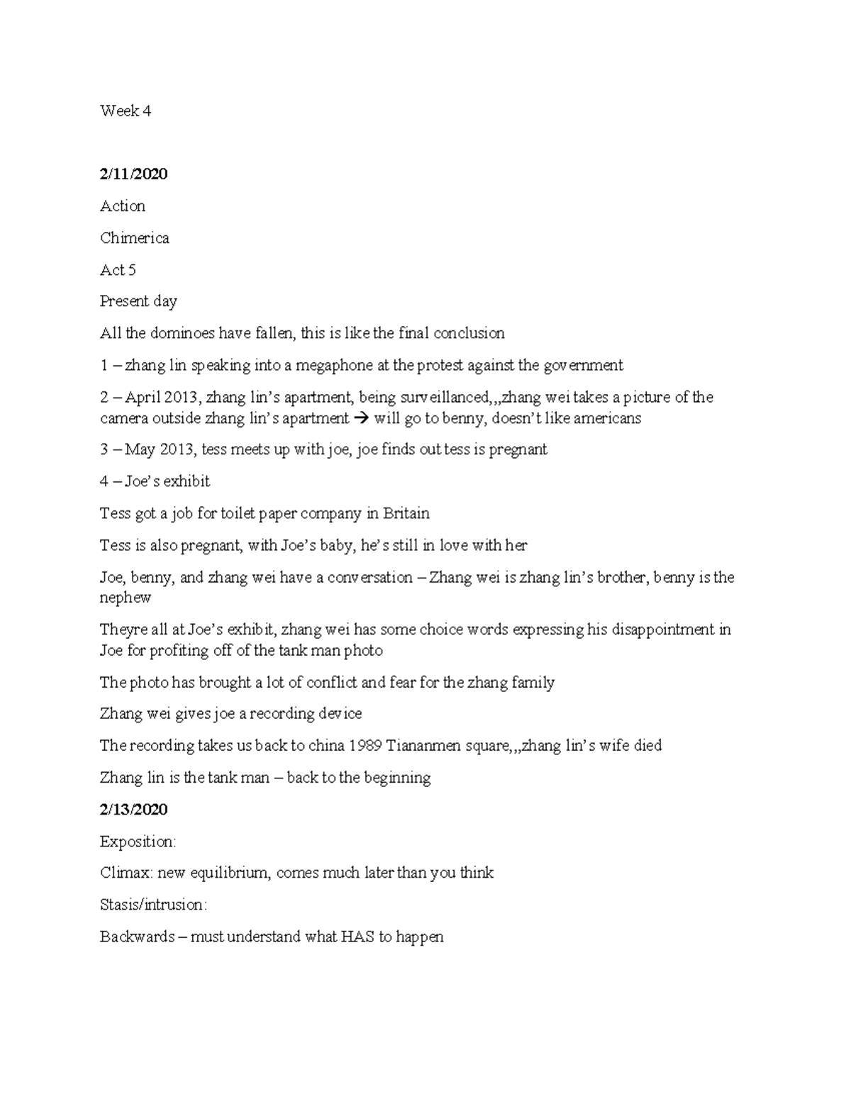 Week 4 - chimerica - notes - Week 4 2/11/ Action Chimerica Act 5 ...