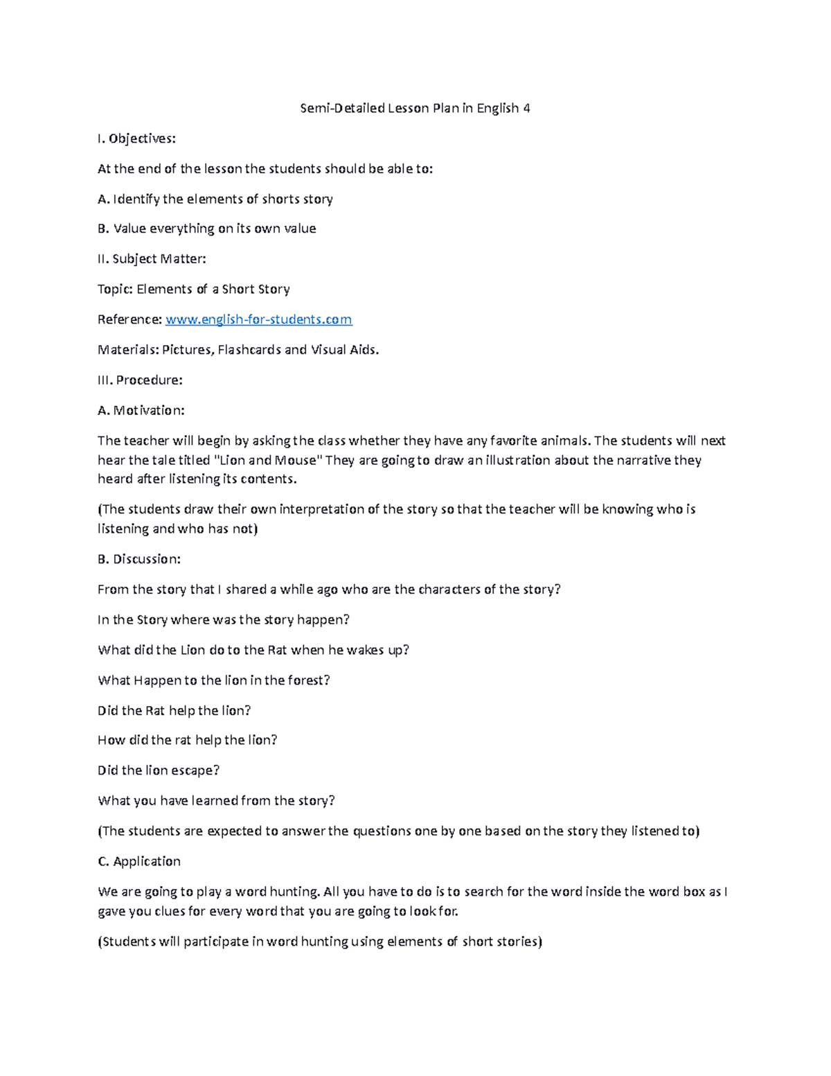 SDLp in English Calibuso Marvin R (BEED2) - Semi-Detailed Lesson Plan ...