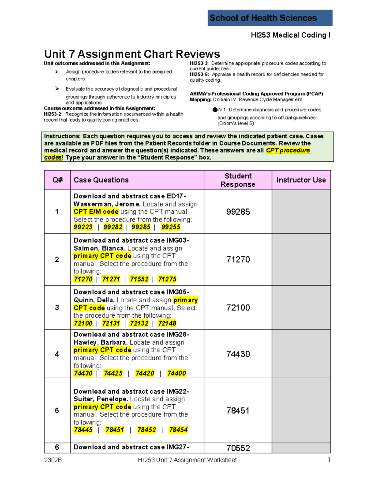HI253 Unit 7 assignment worksheet 2302B - HI253 Medical Coding I Unit 7 ...