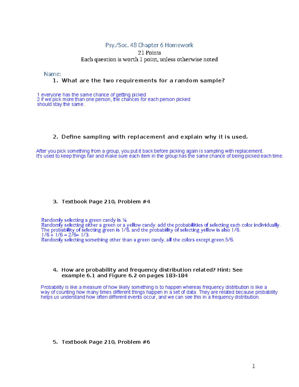 Chapter 6 Homework - Psy./Soc. 48 Chapter 6 Homework 21 Points Each ...