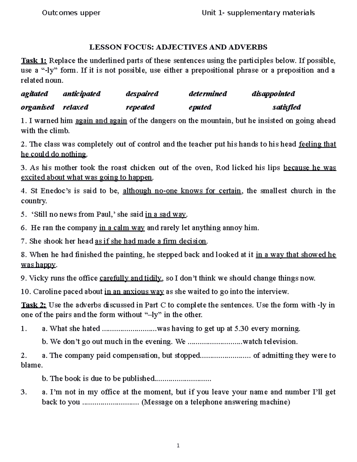 Adjectives AND Adverbs-sts - Outcomes upper Unit 1- supplementary ...