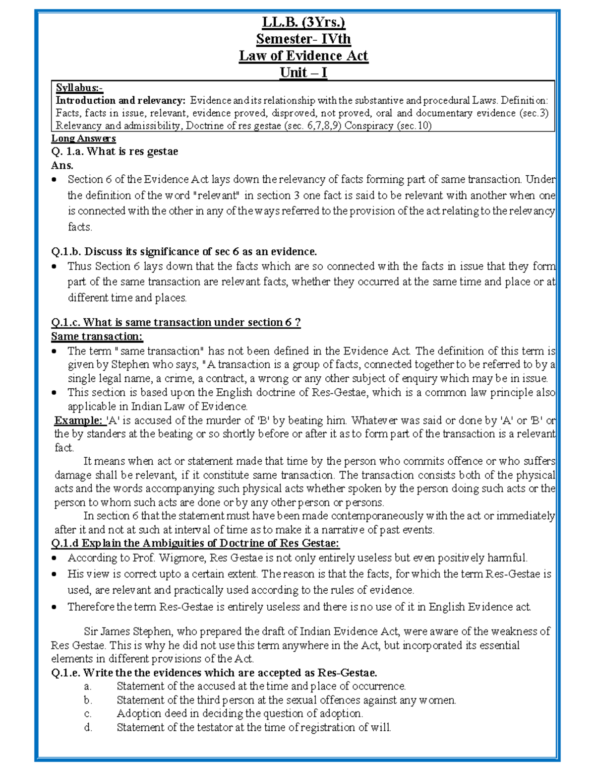 Sem 4 Evidence All Units - LL. (3Yrs.) Semester- IVth Law of Evidence ...